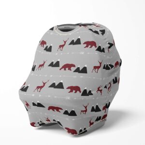 Stretchy Multi Use Cover Lumberjack Plaid Car Seat Canopy Bears Deer Nursing Breastfeeding Cover Shopping Grocery Cart High Chair Cover Woodland Bear Nursery Decor Baby Infant Boy