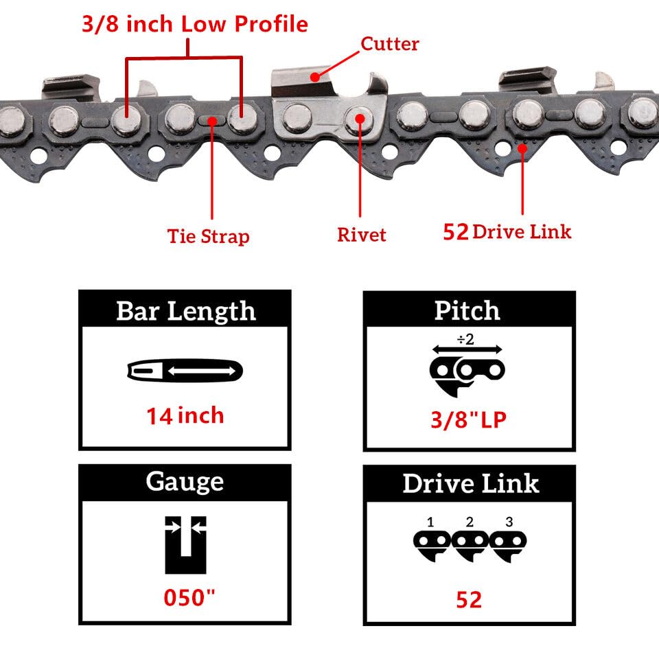 Kohnkdllc 14 Inch Chainsaw Chains .050" Gauge, 3/8" LP Pitch, 52 Drive Links S52 for Greenworks Husqvarna Poulan Echo Worx and for RYOBI RY3716, 2 pack