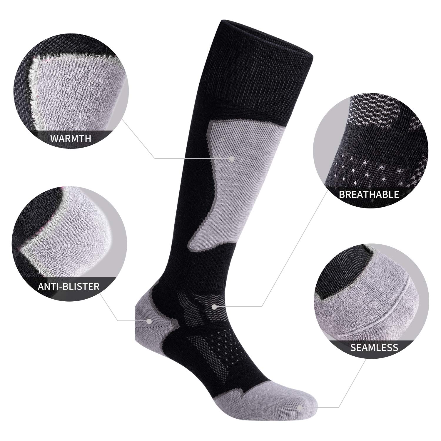 CelerSport 2 Pack Women's Ski Socks for Skiing, Snowboarding, Cold Weather, Winter Performance Socks for Kids Youth Girls Boys, Black+Grey, Small