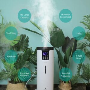 Lacidoll 4.2 Gal Tower Humidifiers for Large Room whole house 1000 sq. ft, 16L Top Fill Cool Mist Ultrasonic Humidifier Quiet 1000mL/h Output for Home Office Greenhouse, School,White