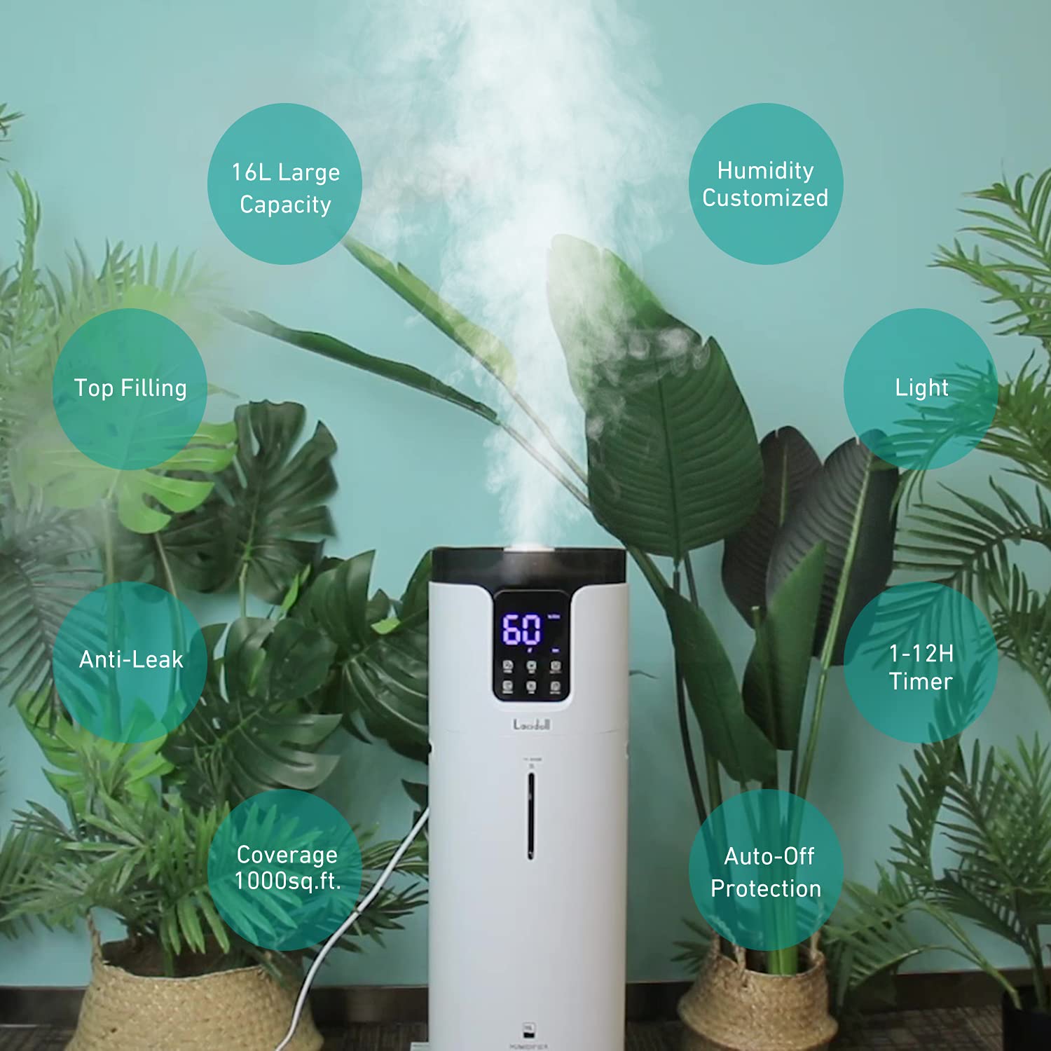 Lacidoll 4.2 Gal Tower Humidifiers for Large Room whole house 1000 sq. ft, 16L Top Fill Cool Mist Ultrasonic Humidifier Quiet 1000mL/h Output for Home Office Greenhouse, School,White