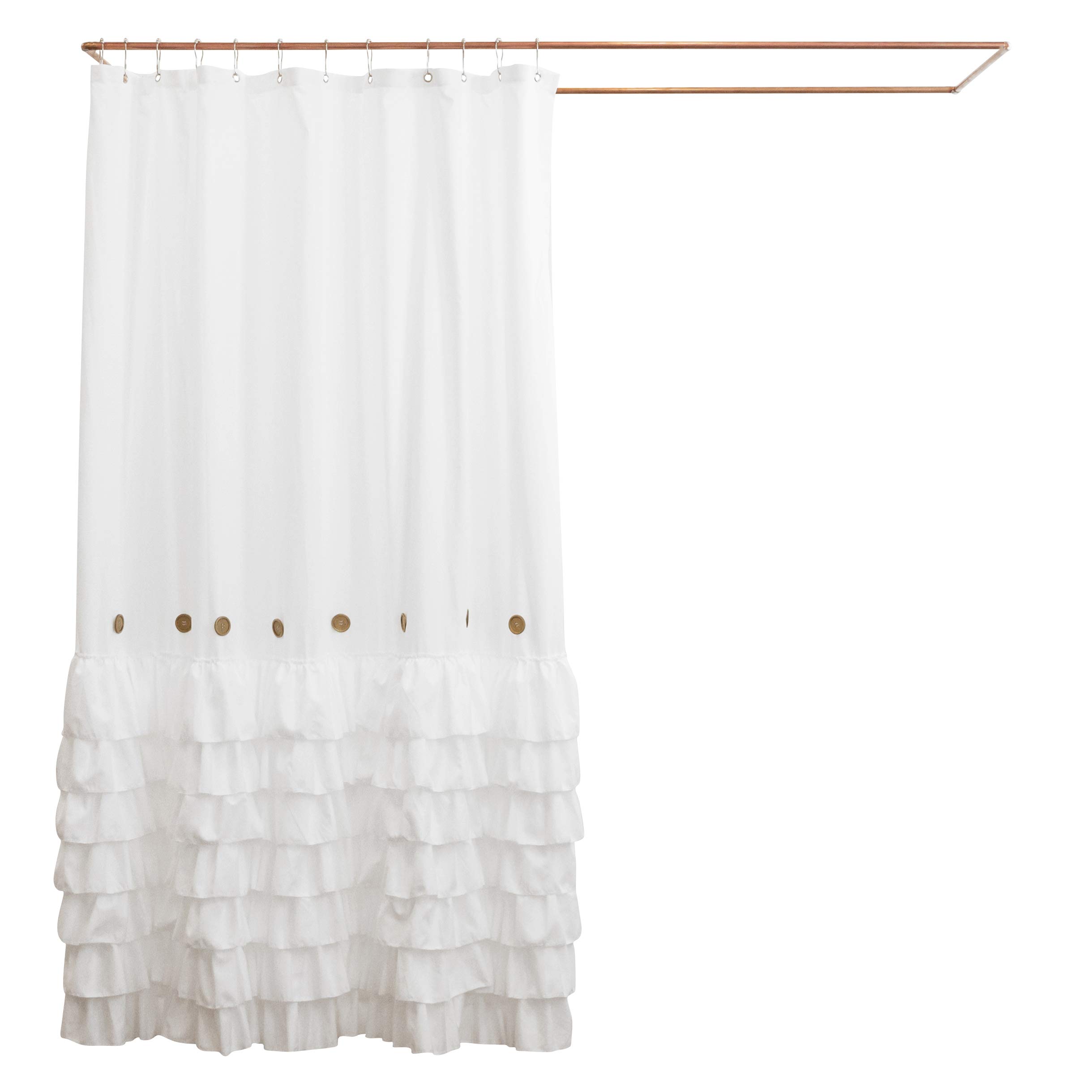 Shaina White Farmhouse Shower Curtain 72 x 72 with Shabby Chic Ruffles and French Country Style Buttons - Modern Farmhouse Fabric (White)