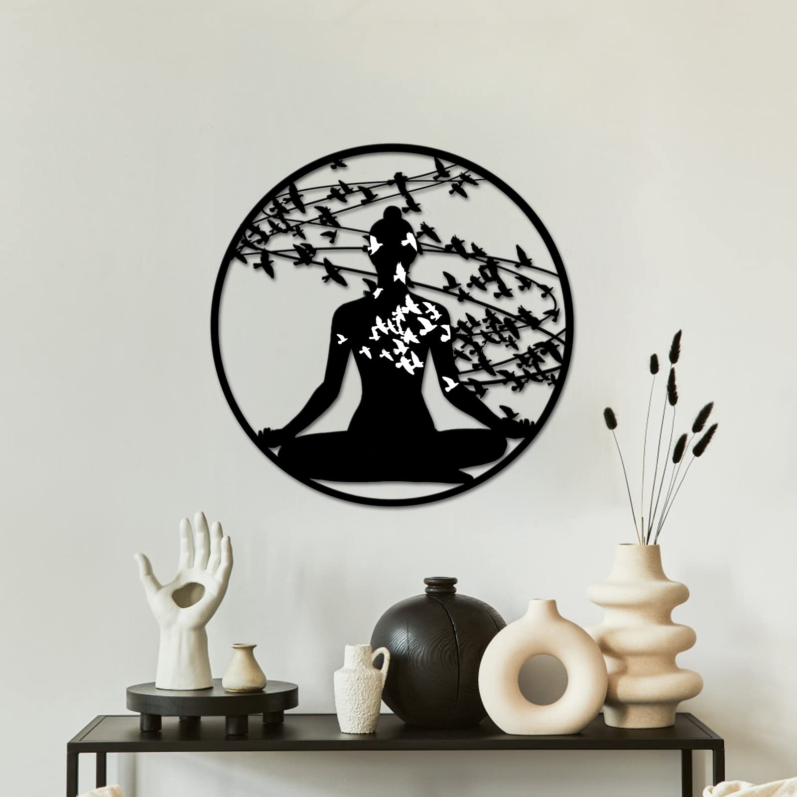 RnnJoile Yoga Art Wall Decor Abstract Woman with Birds Design Metal Wall Sculpture Zen Life Hanging Art for Home Bedroom Yoga Room Peace Wall Decoration Gift Piece