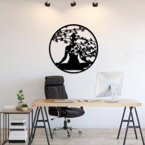 RnnJoile Yoga Art Wall Decor Abstract Woman with Birds Design Metal Wall Sculpture Zen Life Hanging Art for Home Bedroom Yoga Room Peace Wall Decoration Gift Piece