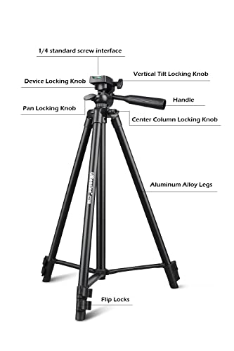 Ubeesize Tripod CT50 50” Phone Tripod Stand, Aluminum Lightweight Tripod for Camera and Phone, Cell Phone Tripod with Phone Holder and Carry Bag, Compatible with iPhone & Android