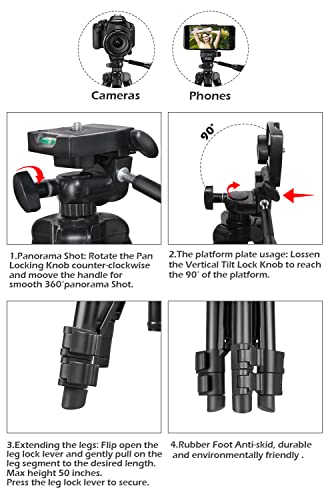 Ubeesize Tripod CT50 50” Phone Tripod Stand, Aluminum Lightweight Tripod for Camera and Phone, Cell Phone Tripod with Phone Holder and Carry Bag, Compatible with iPhone & Android