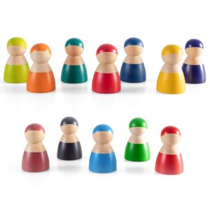 merryheart rainbow peg dolls for toddlers, 12 pcs wooden peg people toys, wooden people pretend play with rainbow stacking toy, preschool wood rainbow friend educational toys