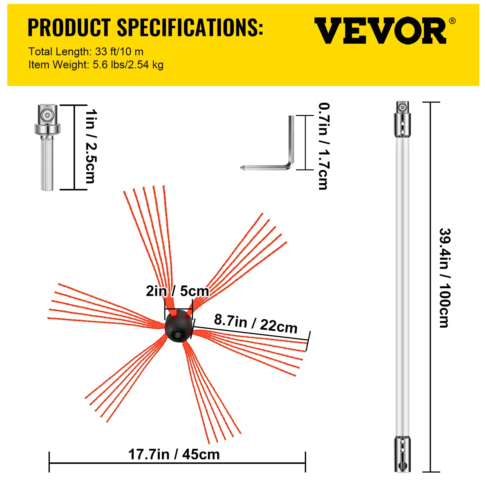 VEVOR Chimney Sweep Kit 33FT Length, Chimney Cleaning Tool Kits with 10 Nylon Flexible Rods, Chimney Brush Kit Driven by Drill for Sweeping Fireplace