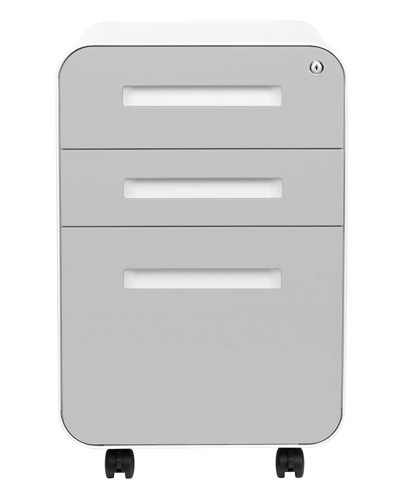 Laura Davidson Furniture Stockpile 3 Drawer File Cabinet with Lock - Under Office Desk Metal Filing Cabinet, Legal/Letter File Folders, Wheels and Stationary Feet, Pre-Assembled, Light Grey Faceplate