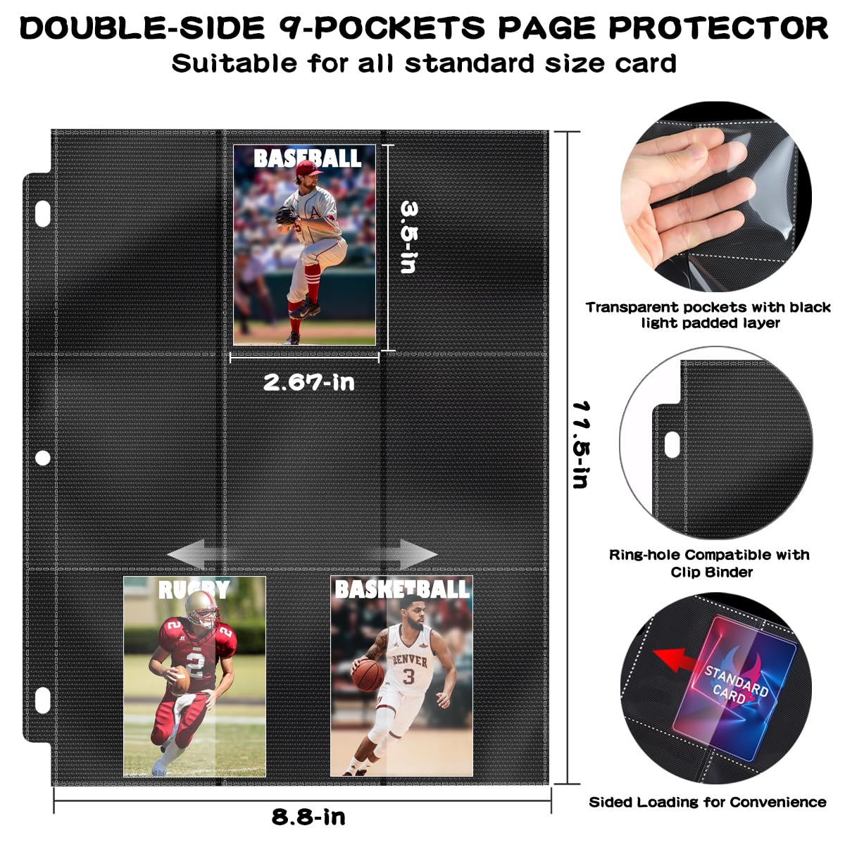 450 Pockets Trading Baseball Card Sleeves Binder, 25 Pages Double-Sided Protector Sports Card Binder Fit for MTG YU-GI-OH Cards, Football Cards, Game Cards, Standard Sized Cards for 3-Ring Binder