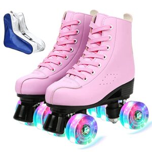 xudrez roller skates for women men cozy pu leather high-top roller skates for beginner double-row pu wheels, professional indoor outdoor roller skates with shoes bag (pink flash,37)