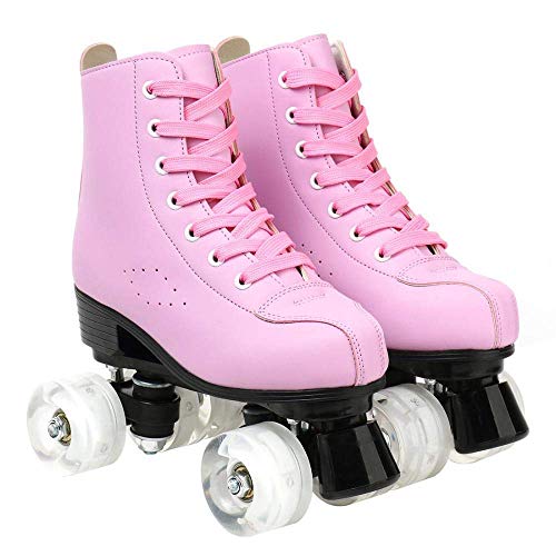 XUDREZ Roller Skates for Women Men Cozy PU Leather High-top Roller Skates for Beginner Double-Row PU Wheels, Professional Indoor Outdoor Roller Skates with Shoes Bag (Pink Flash,37)