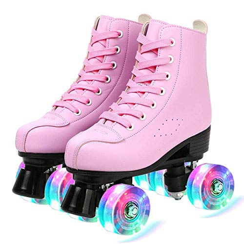 XUDREZ Roller Skates for Women Men Cozy PU Leather High-top Roller Skates for Beginner Double-Row PU Wheels, Professional Indoor Outdoor Roller Skates with Shoes Bag (Pink Flash,37)