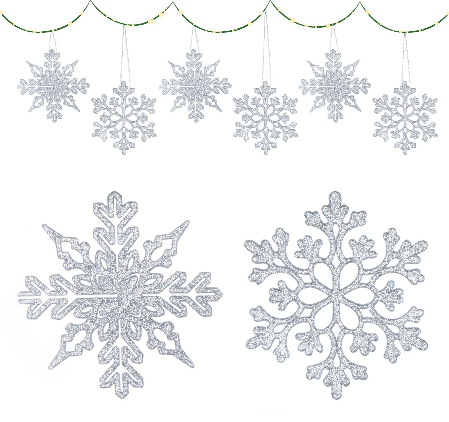 36Pcs Plastic Snowflake Ornaments, Christmas Silver Glitter Snowflake Hanging 4 Inches Large Snowflake Pendants Decorations for Christmas Tree Window Wedding Embellishing Party Decorations(Silver)