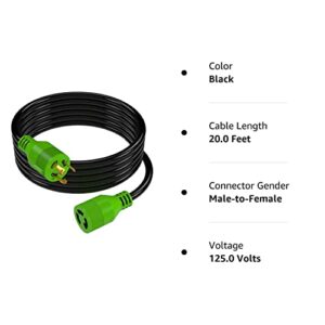 RVMATE 3 Prong 30 Amp Generator Extension Cord 20 Feet, NEMA L5-30P/L5-30R 125V SJTW Jacket