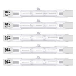 xbocmy 5 pack halogen r7s 78mm t3 100w dimmable 1050lm j-type 120v r7s base warm white 2700k double ended halogen light bulbs for work, security, landscape lights, floor lamps