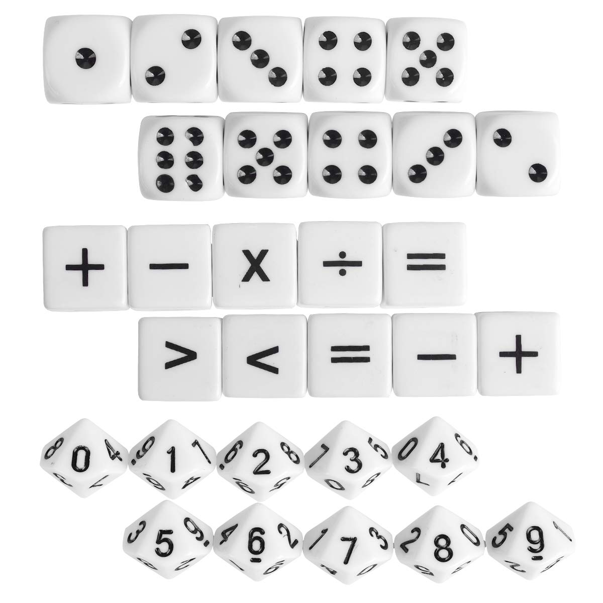 Lohoee Teaching Dice 16mm Math Dice Games for Kids 8-12 for Math Teaching Classroom Supplies Acrylic Material (10Pcs Math Operation Dice + 10Pcs Number Dice + 10Pcs Dot Dice)