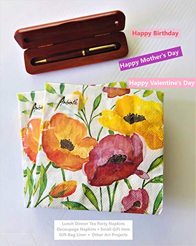 20-ct 13x13 Decorative Napkins for Decoupage Orange Poppy Napkins Mother's Day Floral Napkins Father's Napkins Decorative Paper Napkins Disposable Pretty Flower Lunch Cocktail Napkins Aquarell Poppy