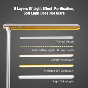 Miady LED Desk Lamp Eye-Caring Table Lamp, 3 Color Modes with 4 Levels of Brightness, Dimmable Office Lamp with Adapter, Touch Control Sensitive(White Aluminum)