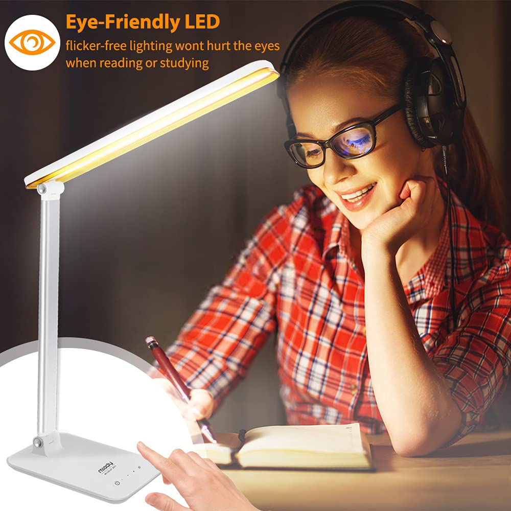 Miady LED Desk Lamp Eye-Caring Table Lamp, 3 Color Modes with 4 Levels of Brightness, Dimmable Office Lamp with Adapter, Touch Control Sensitive(White Aluminum)