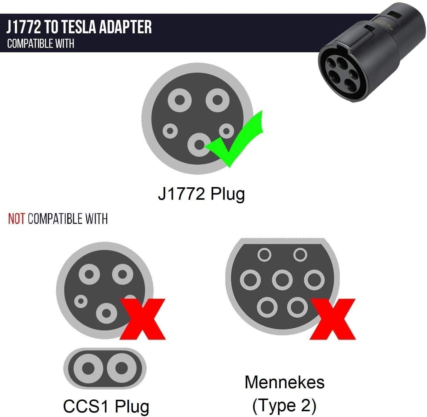 Lectron J1772 to Tesla (NACS) EV Charging Adapter 60 Amp (250V) - Compatible with Tesla Model S/3/X/Y & Cybertruck Electric Vehicles (Black)