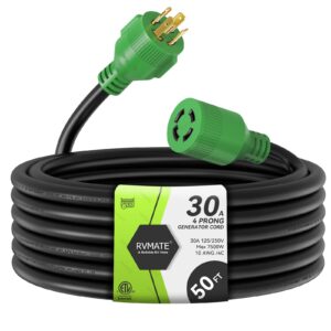 rvmate 30 amp generator cord 4 prong 50 feet, nema l14-30p/l14-30r, 125/250v up to 7500w 10 gauge sjtw generator extension cord, etl listed