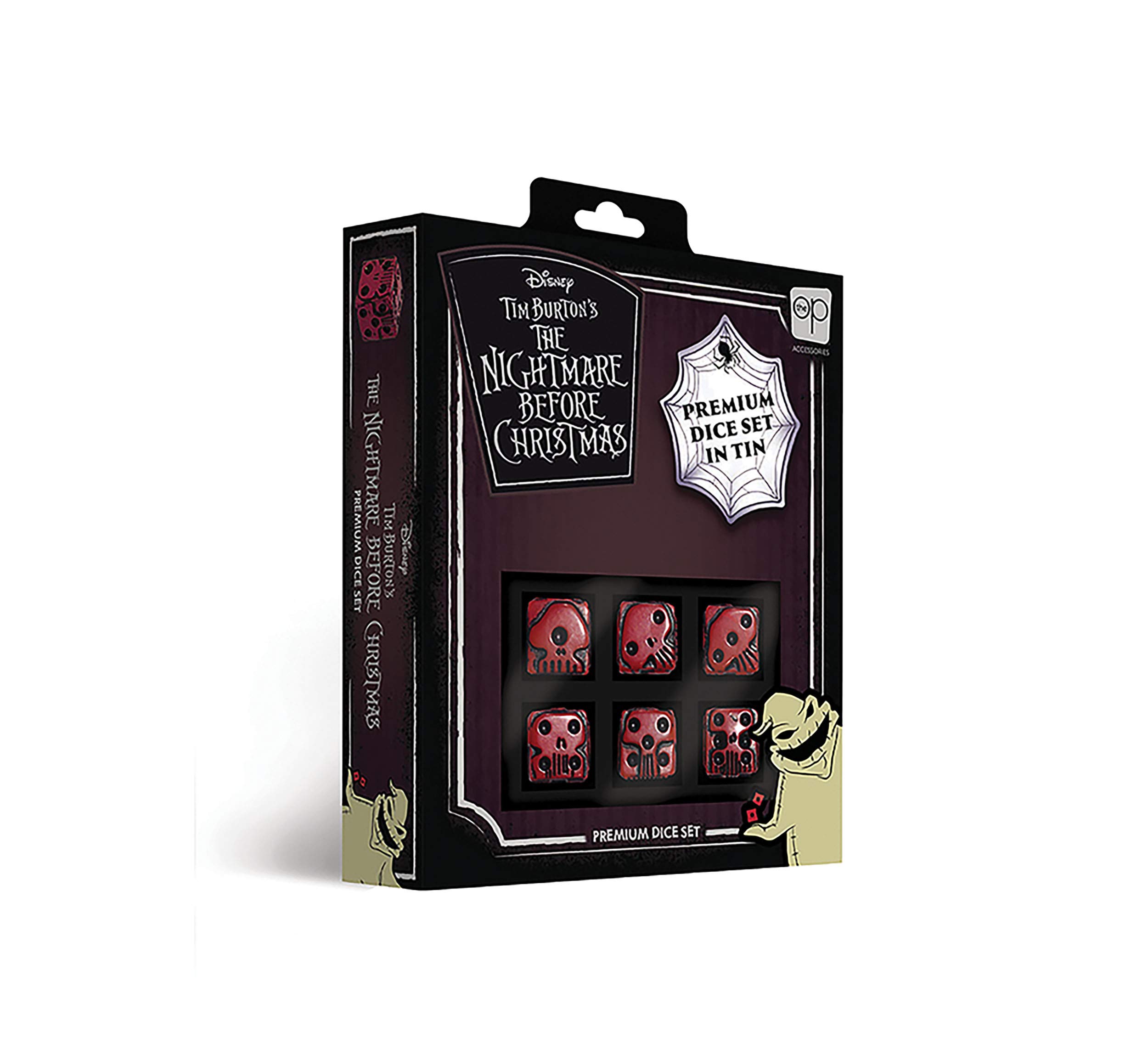 USAOPOLY Nightmare Before Christmas Premium Dice Set | Collectible d6 Dice | Red & Black Custom Dice with Collectible Tin Case | Officially Licensed Disney 6-Sided Dice (AC004-291-002000-12)