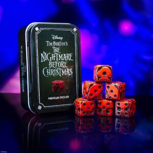 USAOPOLY Nightmare Before Christmas Premium Dice Set | Collectible d6 Dice | Red & Black Custom Dice with Collectible Tin Case | Officially Licensed Disney 6-Sided Dice (AC004-291-002000-12)