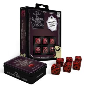 USAOPOLY Nightmare Before Christmas Premium Dice Set | Collectible d6 Dice | Red & Black Custom Dice with Collectible Tin Case | Officially Licensed Disney 6-Sided Dice (AC004-291-002000-12)