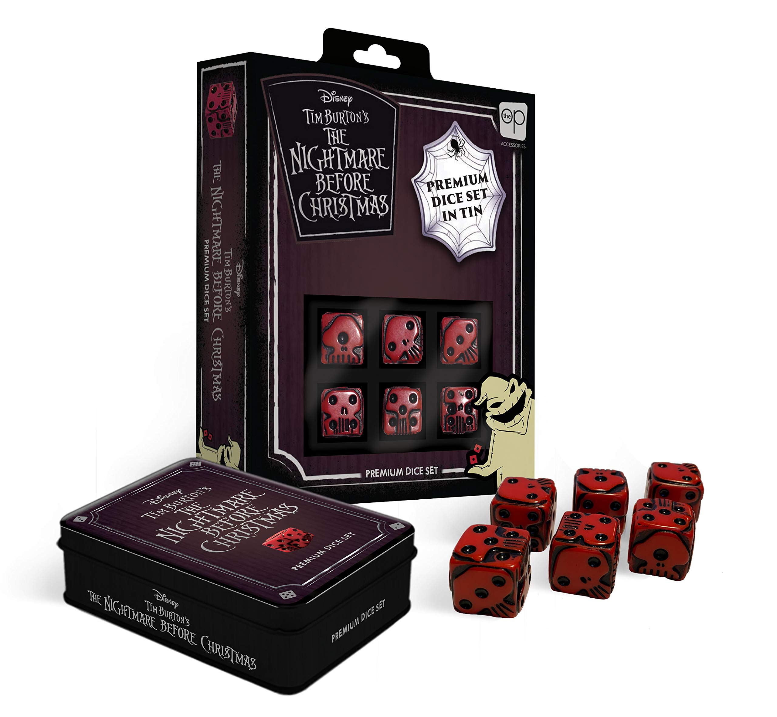 USAOPOLY Nightmare Before Christmas Premium Dice Set | Collectible d6 Dice | Red & Black Custom Dice with Collectible Tin Case | Officially Licensed Disney 6-Sided Dice (AC004-291-002000-12)