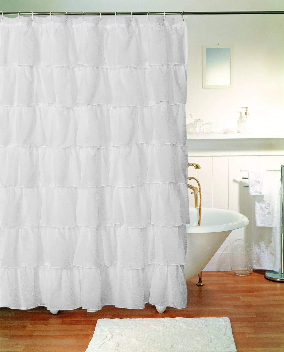 Decotex 1 Piece Gypsy Ruffle Crushed Sheer Voile Shabby Chic Bathroom Fabric Shower Curtain Panel (70" X 72", White)