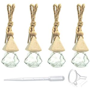 4 Pack,6ml(1/5 Fl Oz) Refillable Car Essential Oil Diffuser,Empty Car Air Freshener Pendant Perfume Aromatherapy Vials-Clear Glass Bottle With Wooden Caps & Hanging String-FREE 1 Funnel&Dropper