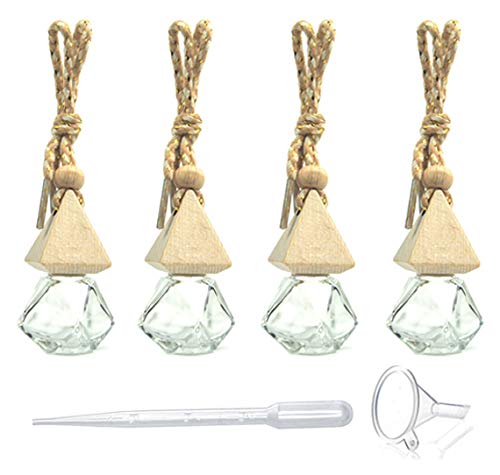 4 Pack,6ml(1/5 Fl Oz) Refillable Car Essential Oil Diffuser,Empty Car Air Freshener Pendant Perfume Aromatherapy Vials-Clear Glass Bottle With Wooden Caps & Hanging String-FREE 1 Funnel&Dropper