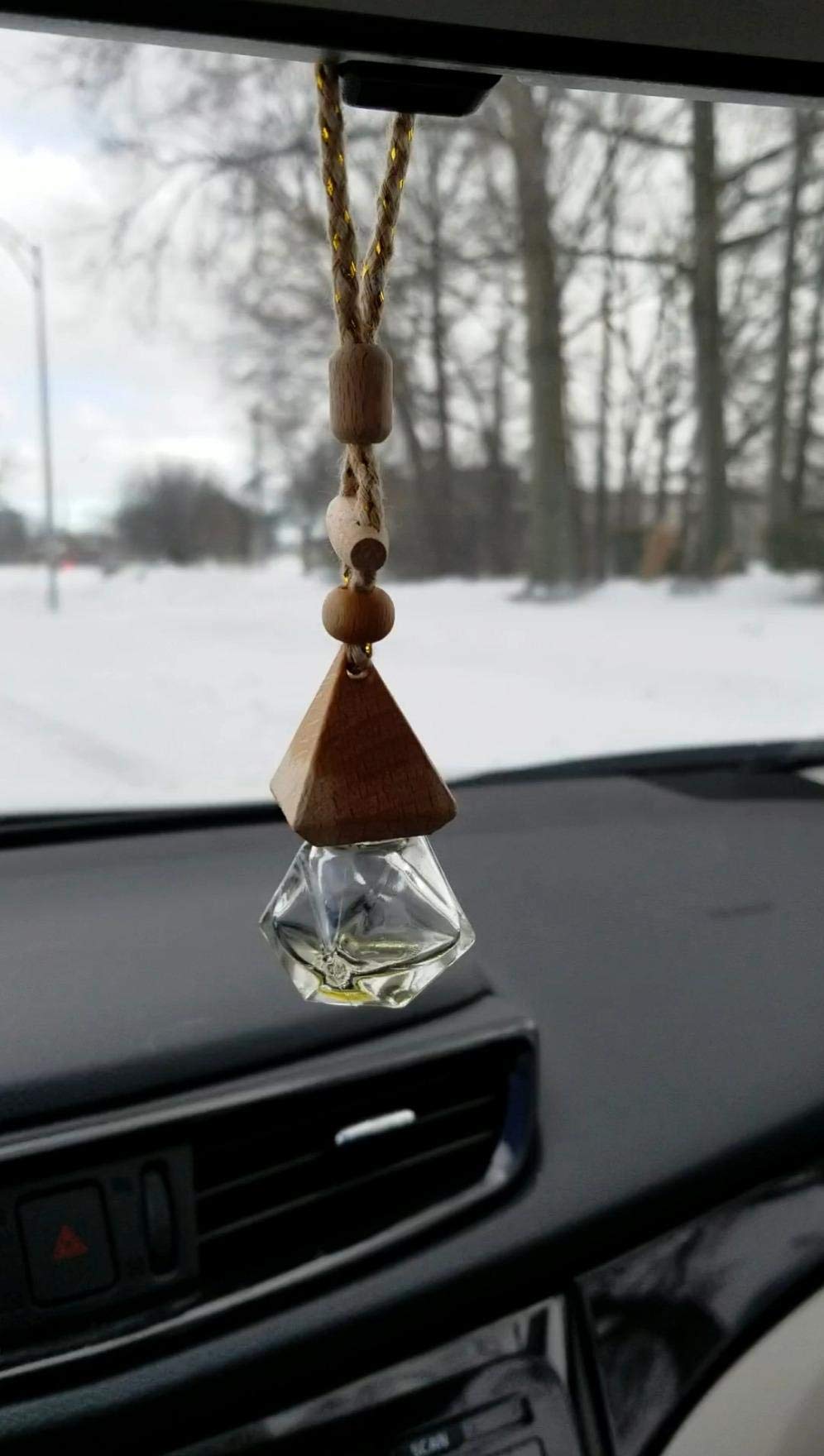 4 Pack,6ml(1/5 Fl Oz) Refillable Car Essential Oil Diffuser,Empty Car Air Freshener Pendant Perfume Aromatherapy Vials-Clear Glass Bottle With Wooden Caps & Hanging String-FREE 1 Funnel&Dropper