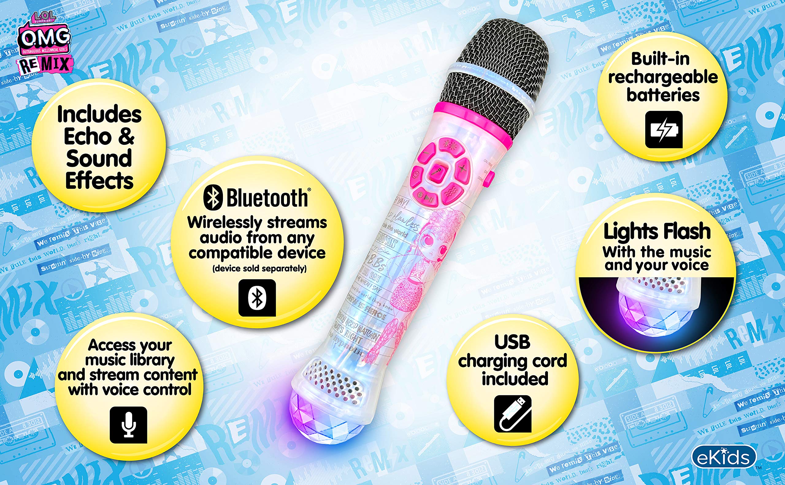 LOL Surprise Remix OMG Bluetooth Karaoke Microphone with LED Disco Party Lights, Portable Bluetooth Speaker Compatible with Apple Samsung Siri and Google Assistant, Karaoke Machine for Kids