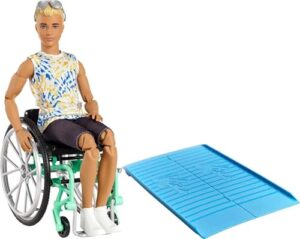 barbie ken fashionistas doll #167 with wheelchair and ramp wearing tie-dye shirt, black shorts and accessories (amazon exclusive)