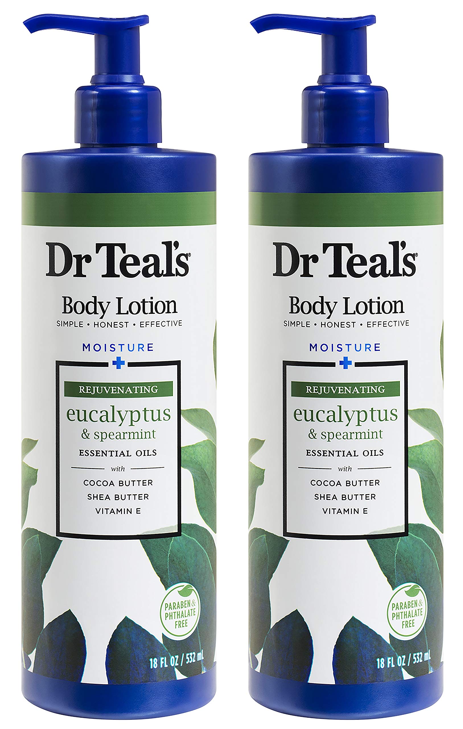 Dr Teal's Body Lotion - Moisture Plus - Rejuvenating Eucalyptus & Spearmint Essential Oils, 18 Fl Oz 2-Pack (36 Fl Oz)