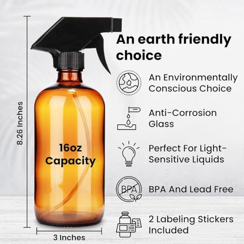 Chef's Star Amber Glass Bottles, Glass Spray Bottles for Cleaning Solutions, Plants, Hair Care, Kitchen, Empty, Reusable Misting Spritzer with 2 Adjustable Spray Settings, 16 Oz, Pack of 2