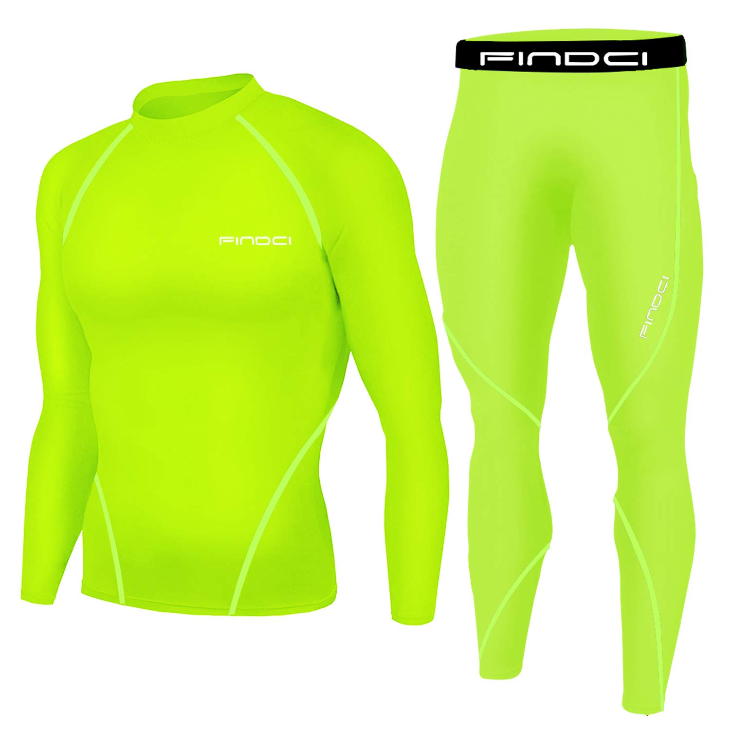 1Bests Men's Sports Running Set Compression Shirt + Pants Skin-Tight Long Sleeves Quick Dry Fitness Tracksuit Gym Yoga Suits (New Green, L)