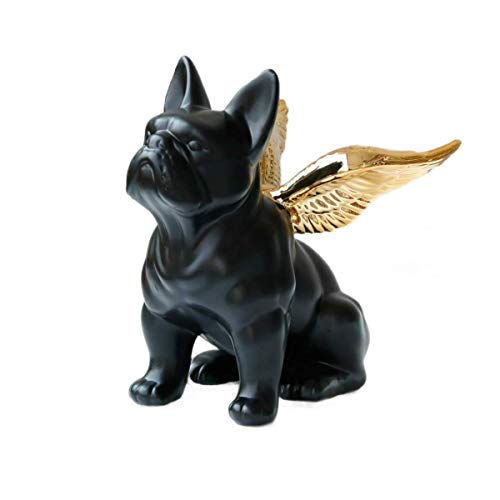 Animal Garden Ornaments Decoration Home Decor Ornament Gift Black French Bulldog Statue with Gold Wing Ceramic Modern Art Animal Figurine Handmade Decorative Collectible