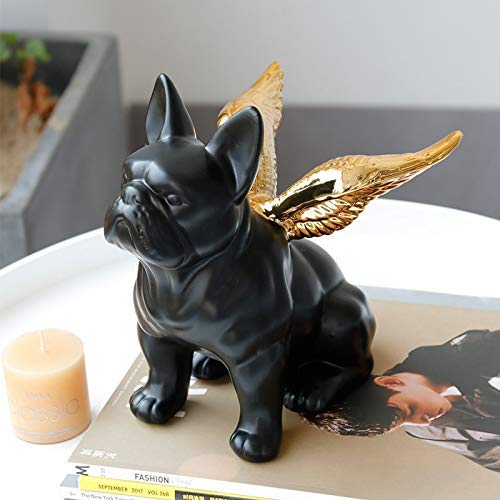 Animal Garden Ornaments Decoration Home Decor Ornament Gift Black French Bulldog Statue with Gold Wing Ceramic Modern Art Animal Figurine Handmade Decorative Collectible