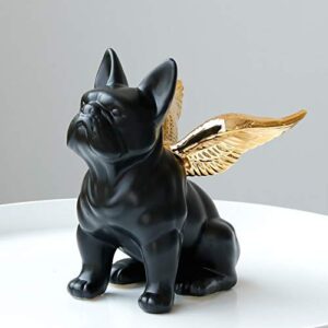 Animal Garden Ornaments Decoration Home Decor Ornament Gift Black French Bulldog Statue with Gold Wing Ceramic Modern Art Animal Figurine Handmade Decorative Collectible