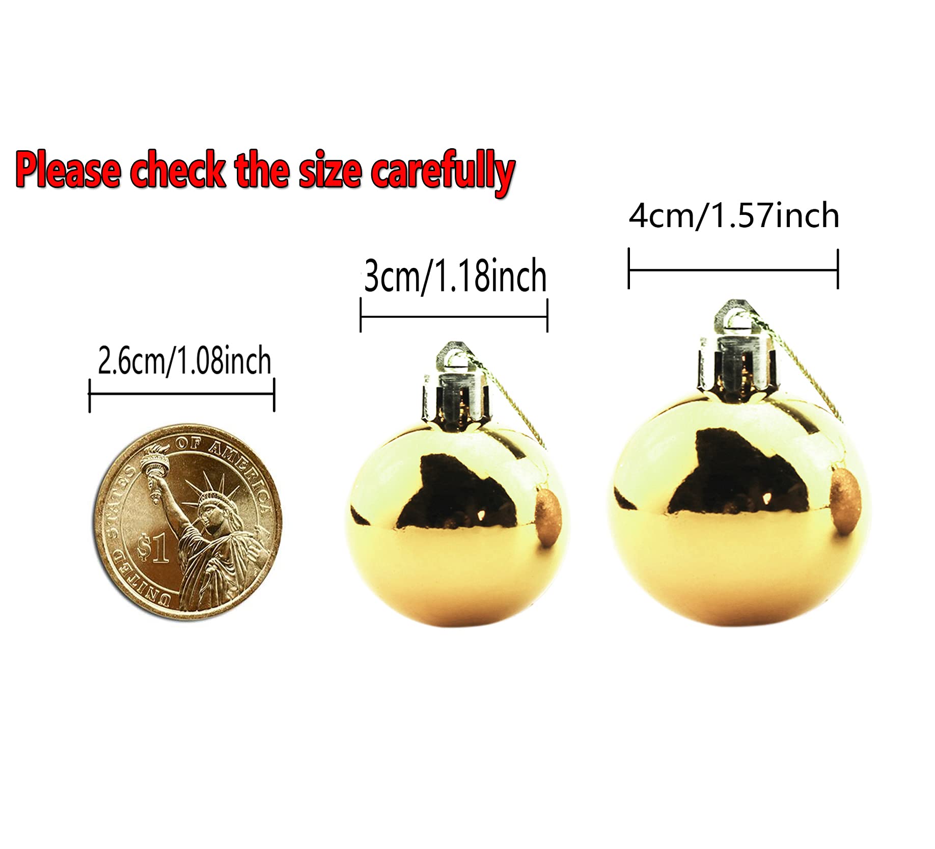 Bestjybt 24pcs 1.18" Small Christmas Ball Ornaments Shatterproof Christmas Decorations Tree Balls for Holiday Wedding Party Decoration, Tree Ornaments Hooks Included (Gold, 3cm/1.18")