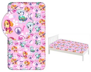 brandmac paw patrol 100% cotton fitted sheet, 90 x 200 cm x25cm, rubber, chase paw patrol pink fitted sheet single bed