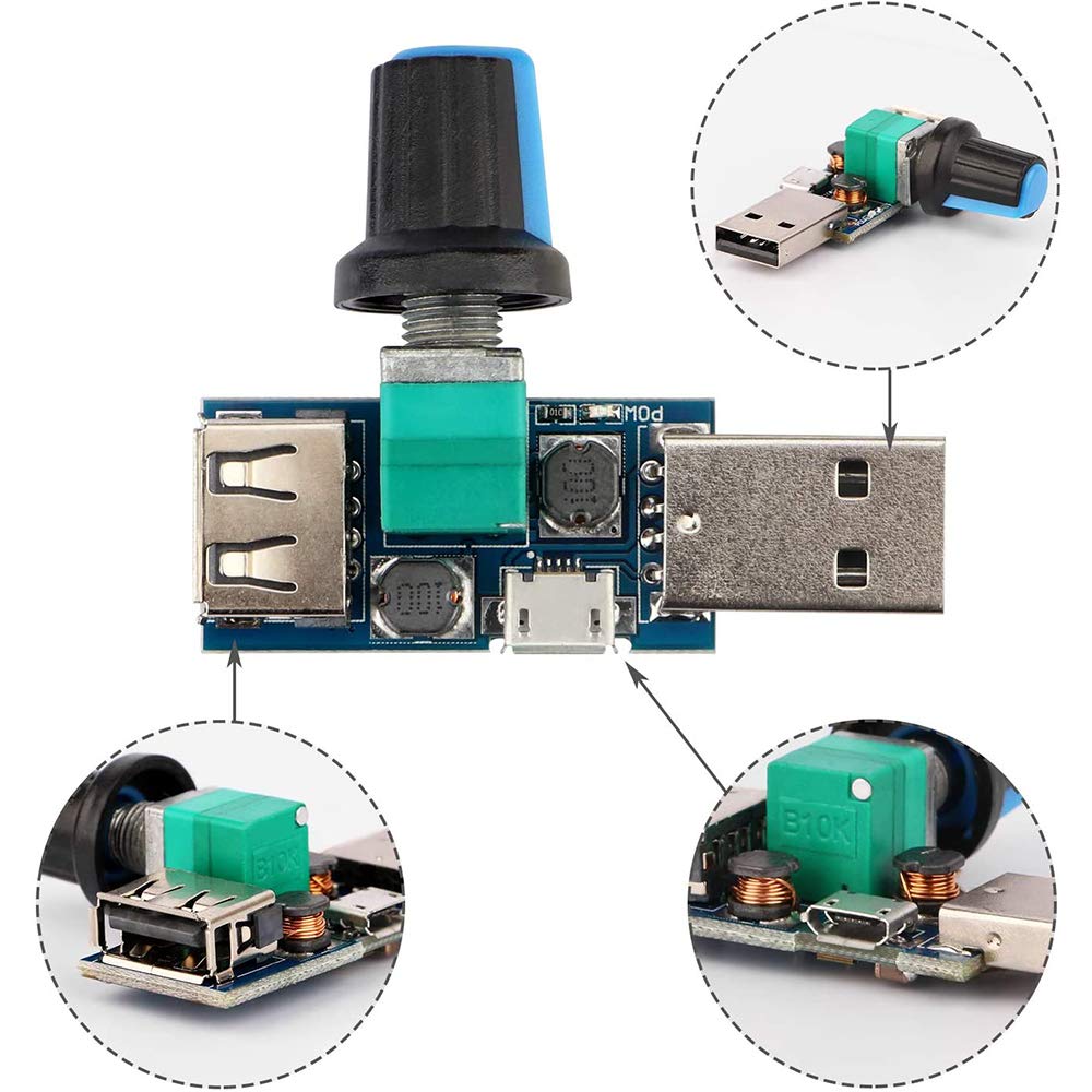 USB Fan Speed Controller, DC 5V Stepless Mini USB Fan Governor DC 4-12V to 2.5-8V 5W Regulator Speed Control Knob with Switch(3PCS)