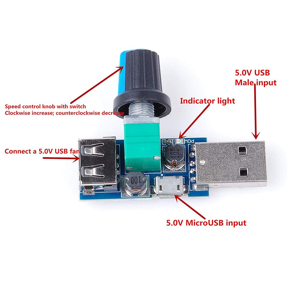 USB Fan Speed Controller, DC 5V Stepless Mini USB Fan Governor DC 4-12V to 2.5-8V 5W Regulator Speed Control Knob with Switch(3PCS)