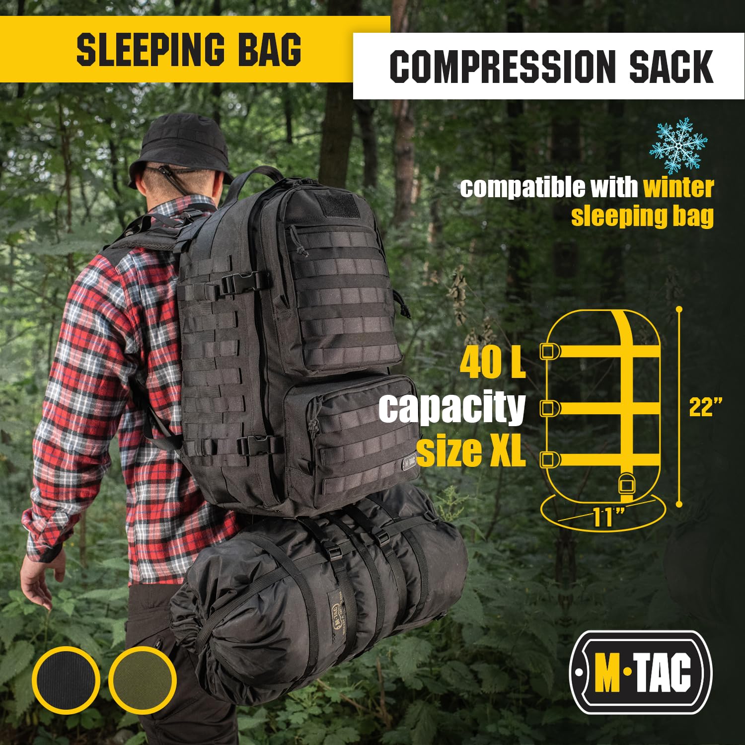 M-Tac Compression Stuff Sack for Sleeping Bag Military Water Resistant Compression Bag Lightweight Nylon Compression Sack for Travel, Camping, Hiking, Outdoor (Olive, L - 24 liters)