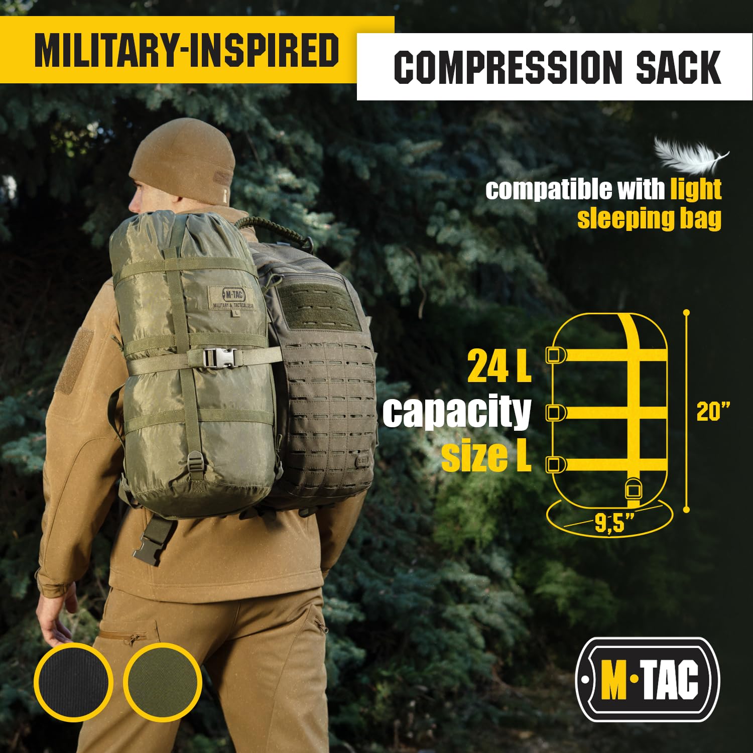 M-Tac Compression Stuff Sack for Sleeping Bag Military Water Resistant Compression Bag Lightweight Nylon Compression Sack for Travel, Camping, Hiking, Outdoor (Olive, L - 24 liters)