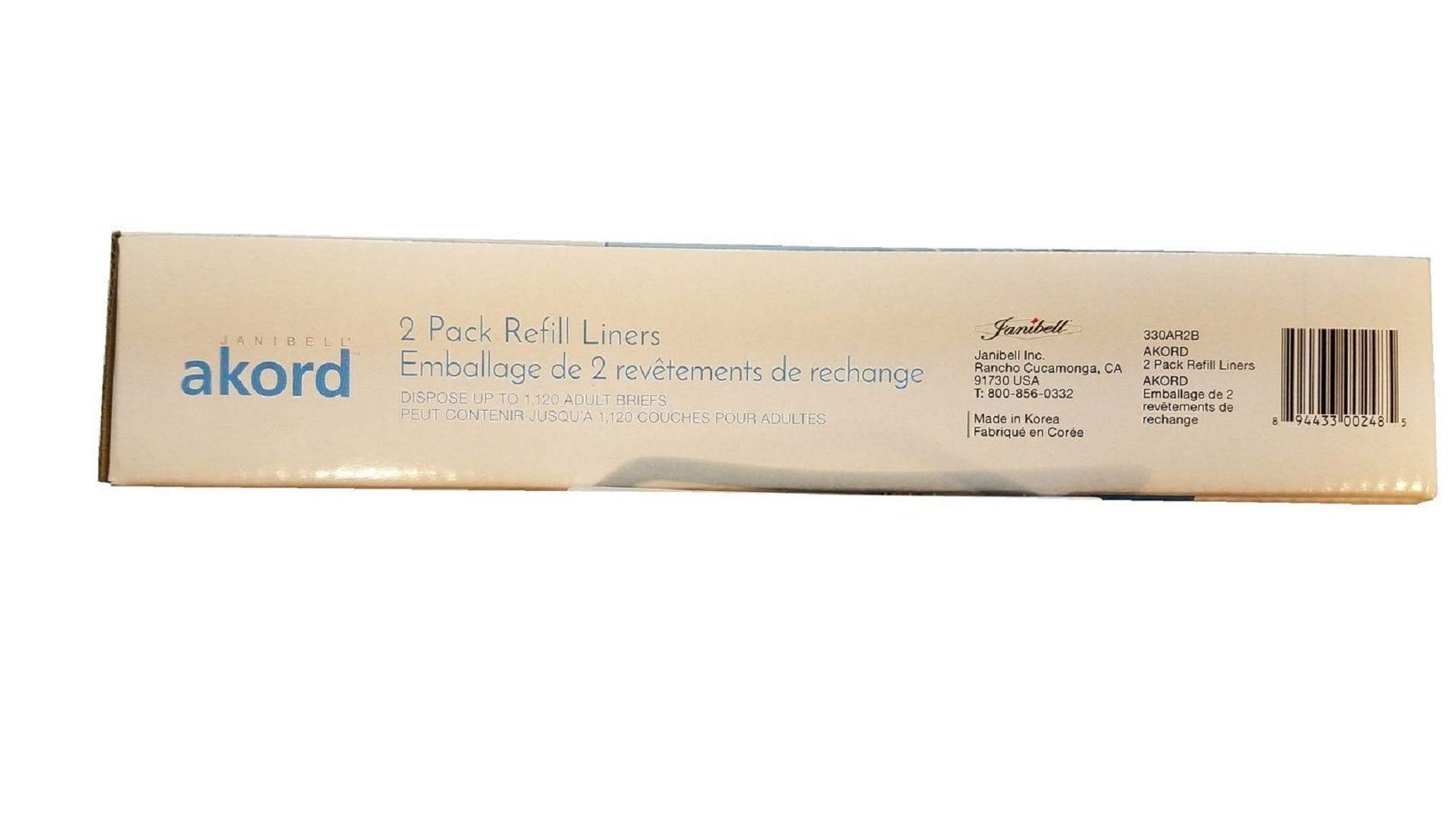 Akord 8-Pack Liner Refills For Janibell 330 Model Adult Diaper System (2 Packs in 4 Boxes) A Single Liner Pack Will Last For Over 1000 Adult Briefs Using The Akord Continuous Liner System Of Disposal.