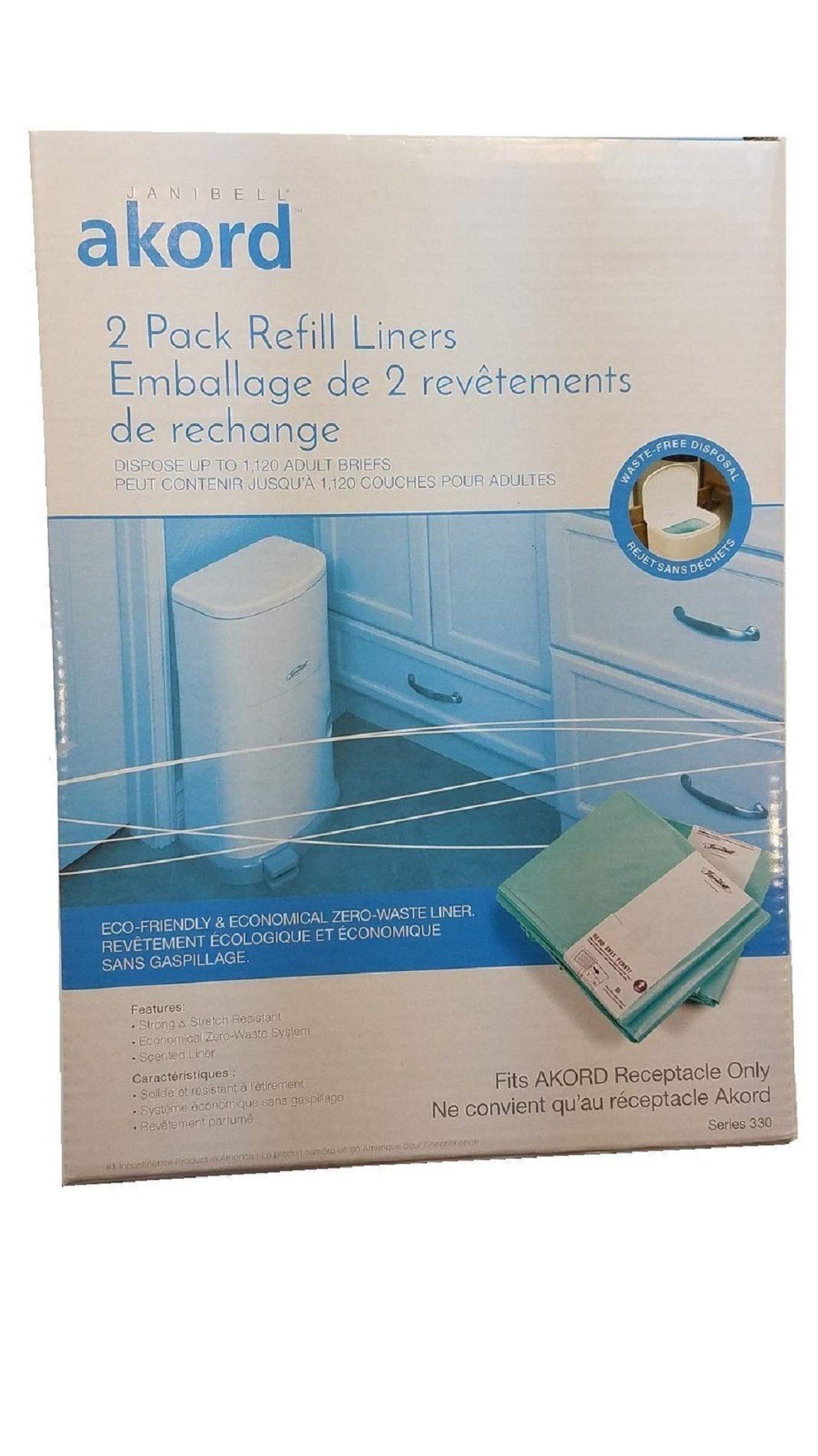 Akord 8-Pack Liner Refills For Janibell 330 Model Adult Diaper System (2 Packs in 4 Boxes) A Single Liner Pack Will Last For Over 1000 Adult Briefs Using The Akord Continuous Liner System Of Disposal.